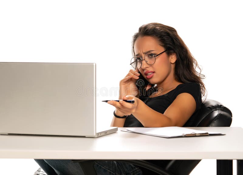 Woman Work on Her Laptop and Talking on the Phone Stock Photo - Image ...