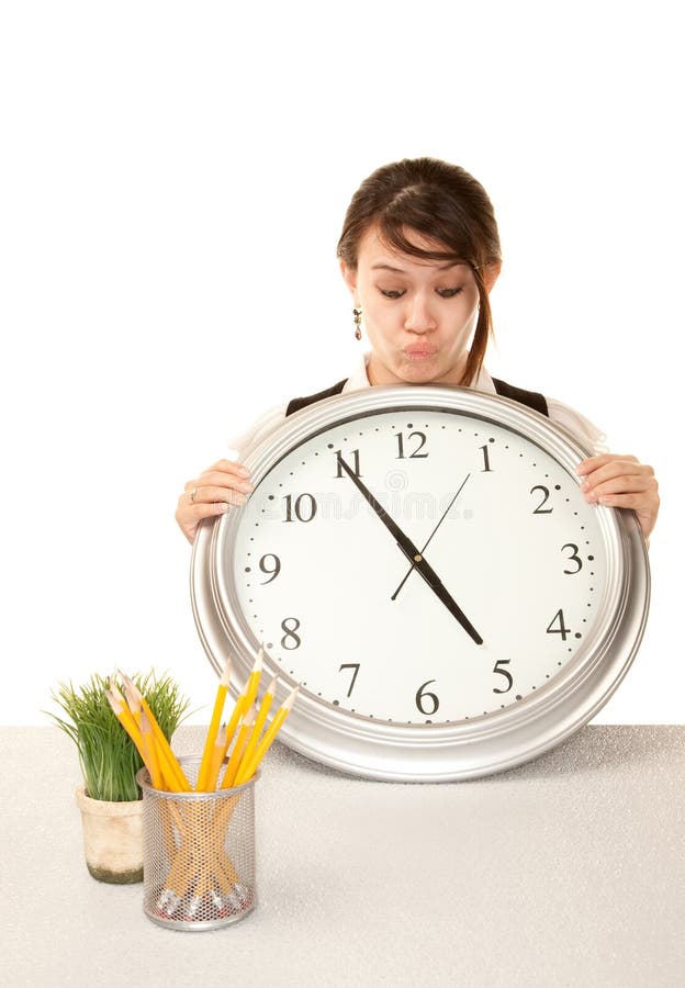 Woman at Work Holding Large Clock Stock Image - Image of hour, bored ...