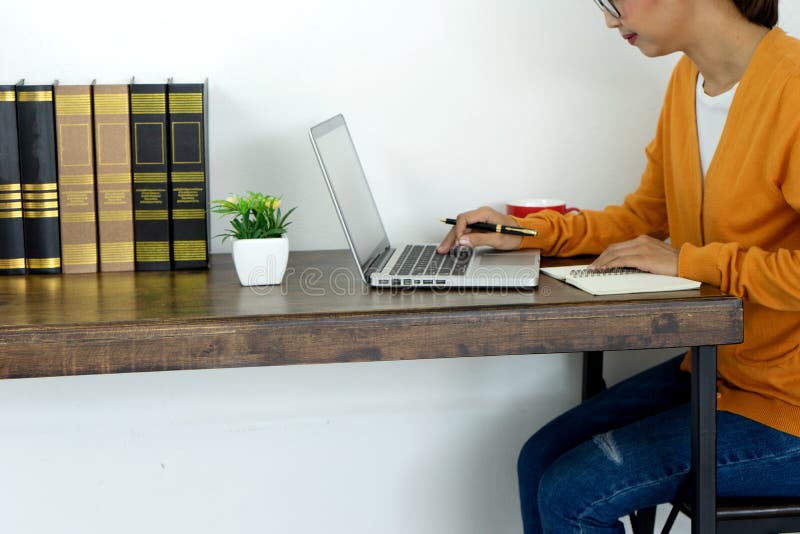 Woman Work at Home with Her Computer and Book Stock Image - Image of ...