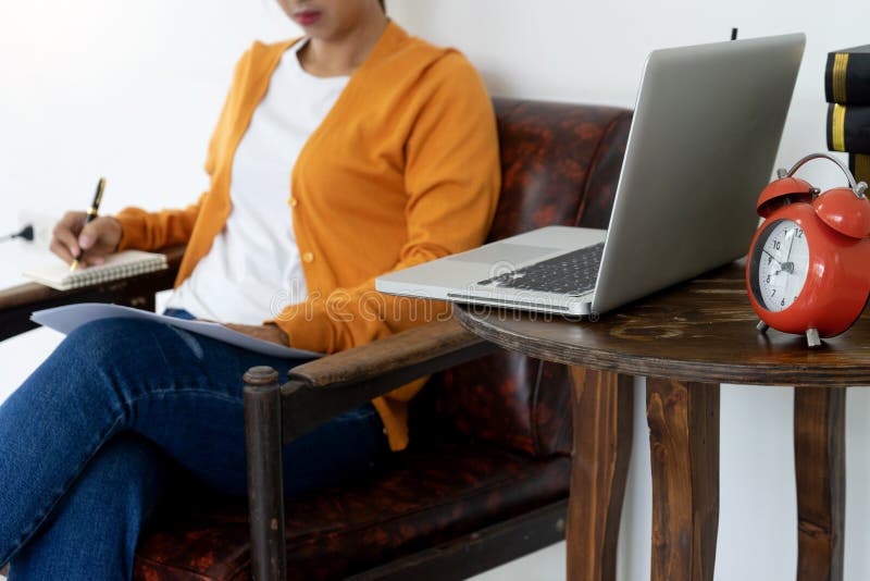Woman Work at Home with Her Computer and Paper Stock Image - Image of ...
