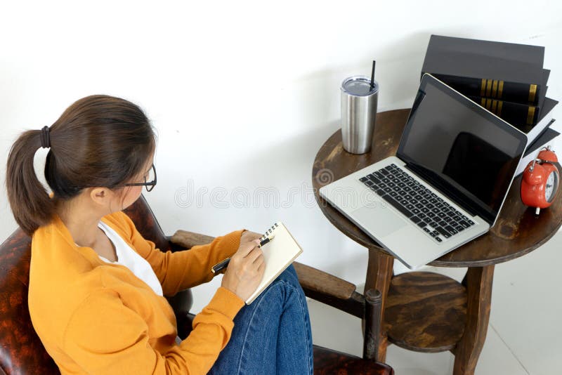Woman Work at Home with Her Computer and Paper Stock Photo - Image of ...