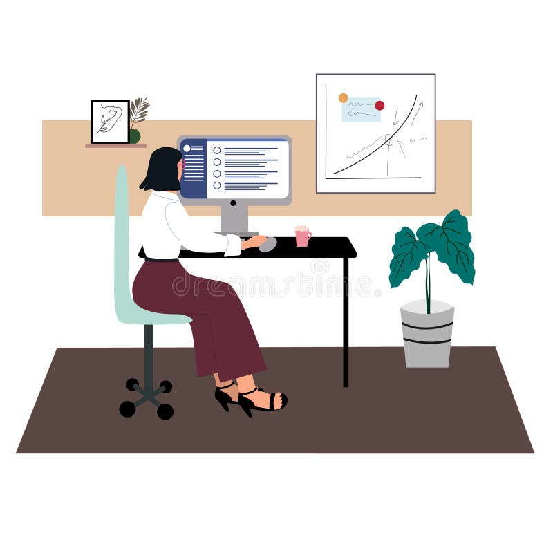 Woman at Work in the Office. Young Girl is Working at the Desk on the ...