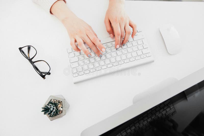 Woman at Work Place at Office Typing on Keyboard, Top View Stock Photo ...
