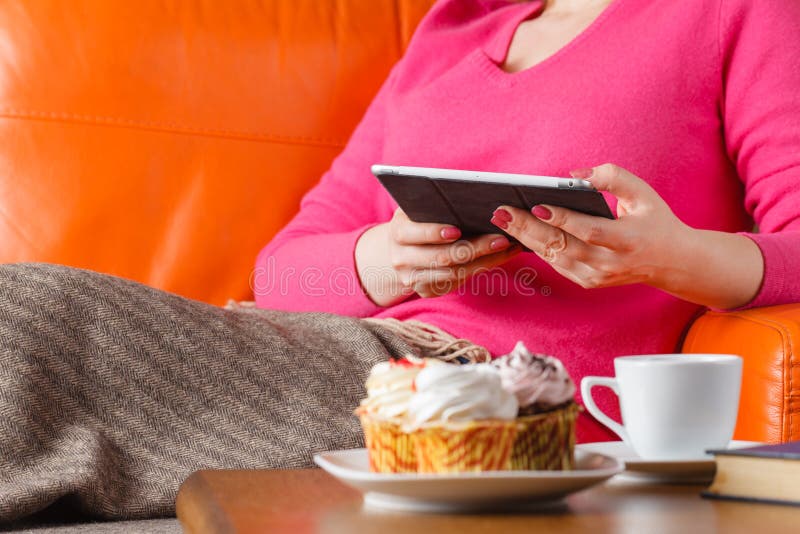 Woman Work on Table and Drink Tea Stock Photo - Image of break ...