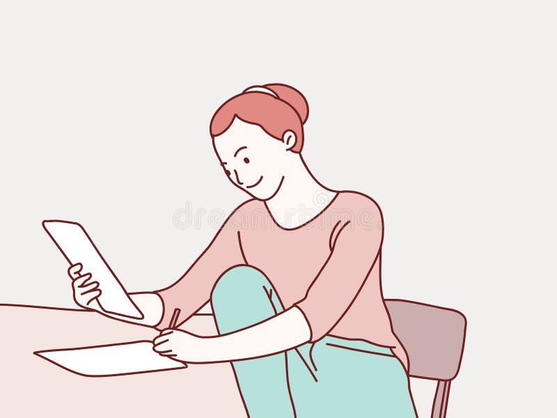 Woman Work Writing Script in Paper while Sitting at Home Simple Korean ...