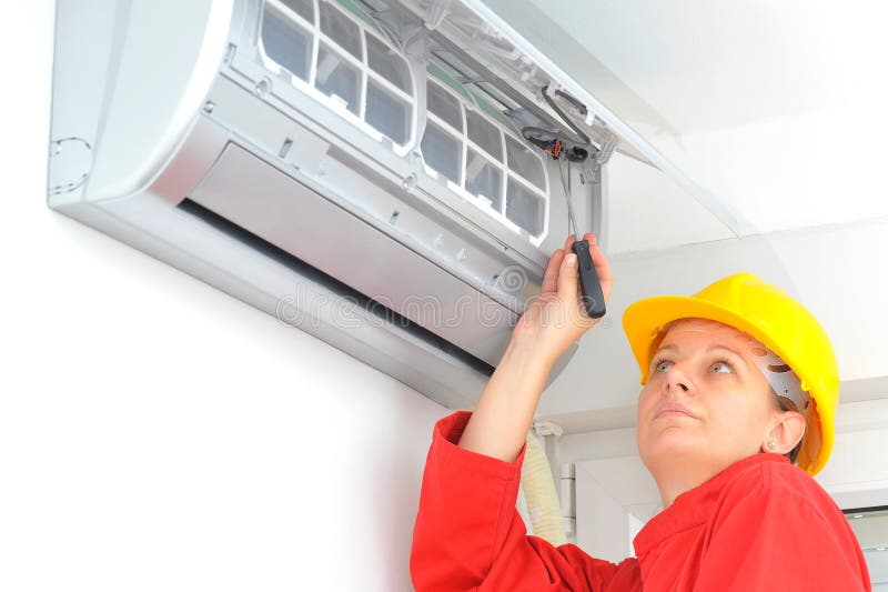 Woman Worker Adjusting Air Conditioner System Stock Image - Image of ...