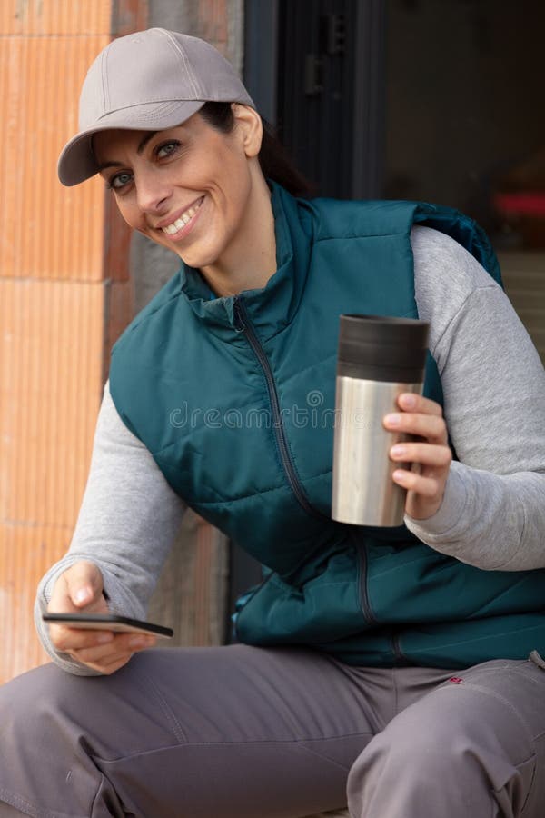 Woman Worker Builder Sitting To Coffee Break Stock Image - Image of ...