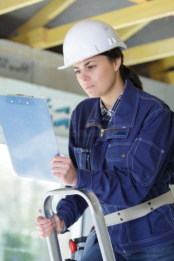 Woman Worker Builder Work with Clipboard Stock Image - Image of tools ...