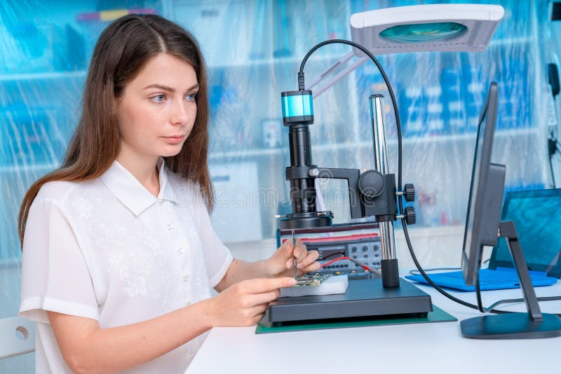 Woman Worker in Laboratory of Electronics Devices Stock Photo - Image ...