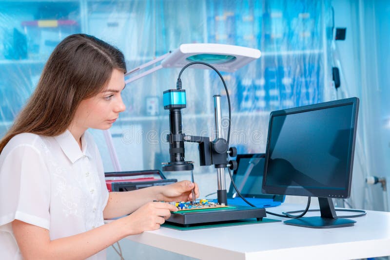 Woman Worker in Laboratory of Electronics Devices Stock Image - Image ...