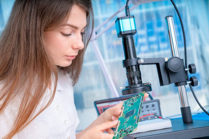 Woman Worker in Laboratory of Electronics Devices Stock Photo - Image ...