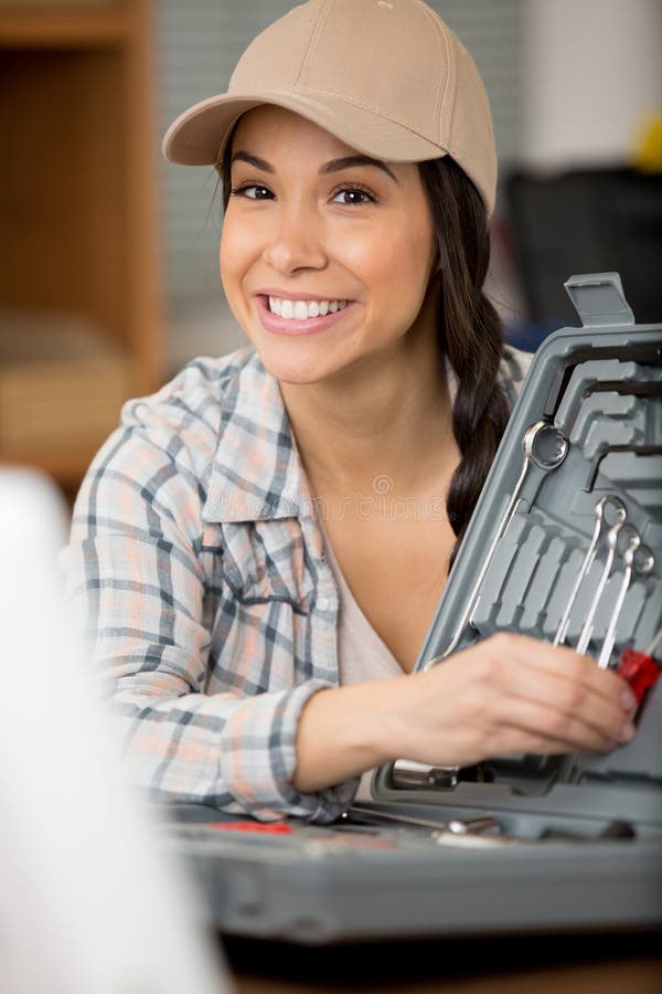 Woman Worker Opening Toolbox Stock Photo - Image of female, white ...
