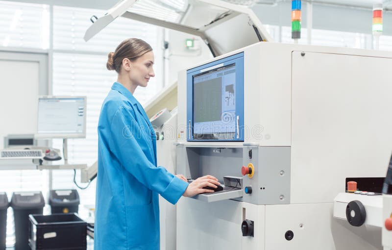 Woman Worker at Visual Inspection of PCB on Electronics Assembly Line ...