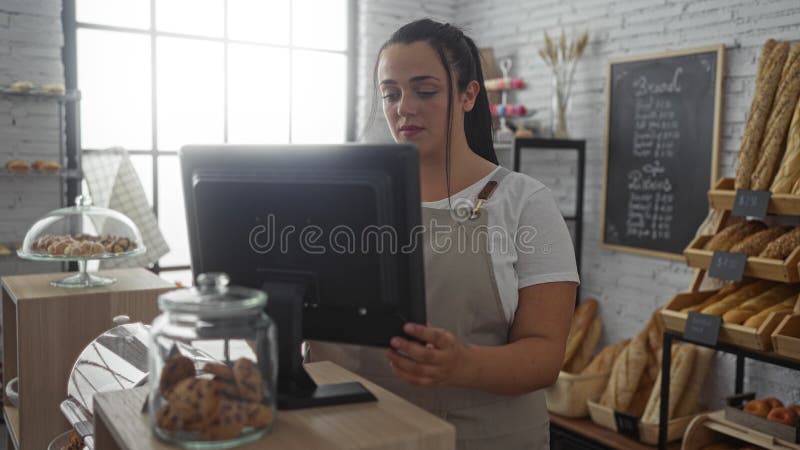 Woman Working at a Bakery Counter, Using a Computer for Transactions in ...
