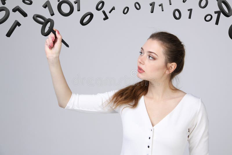 Woman Working with Binary Code, Concept of Digital Technology. Stock Image - Image of figure ...