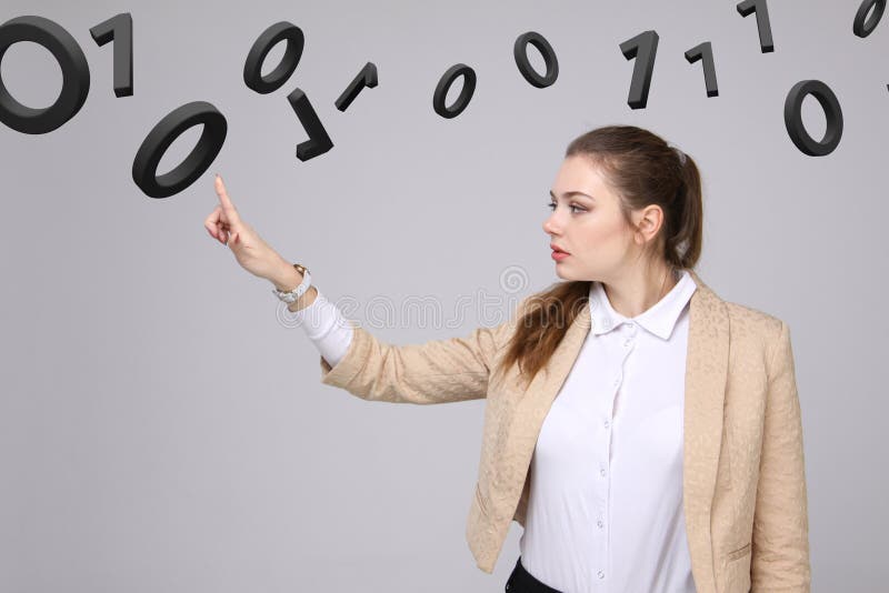 Woman Working with Binary Code, Concept of Digital Technology. Stock Image - Image of coder ...