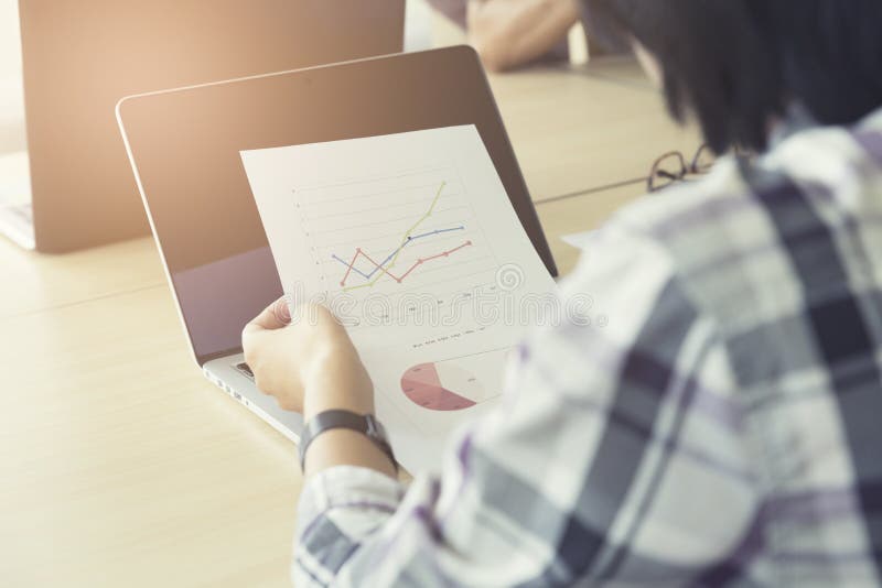 Woman Working with Business Document and Computer Notebook, Vintage ...