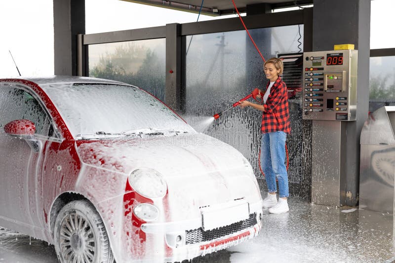 Woman Working at the Car Wash and Washing the Car Stock Image - Image ...
