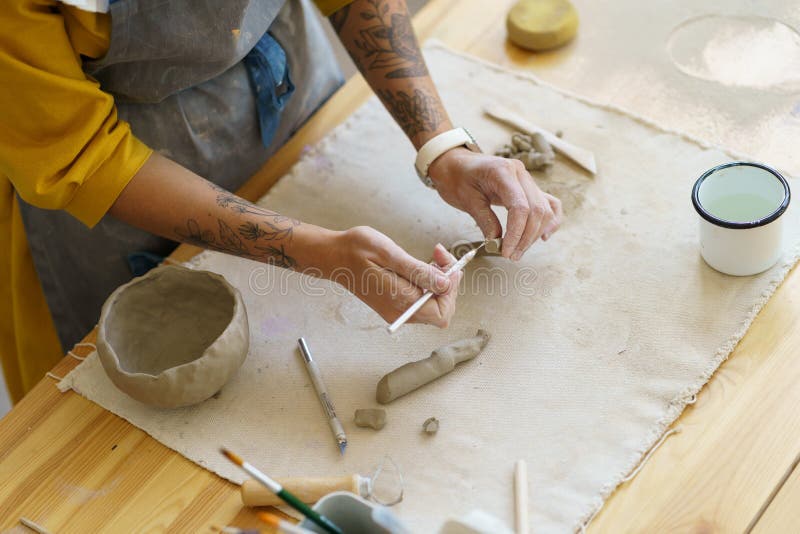 Woman Working with Clay in Pottery Studio during Masterclass Stock ...