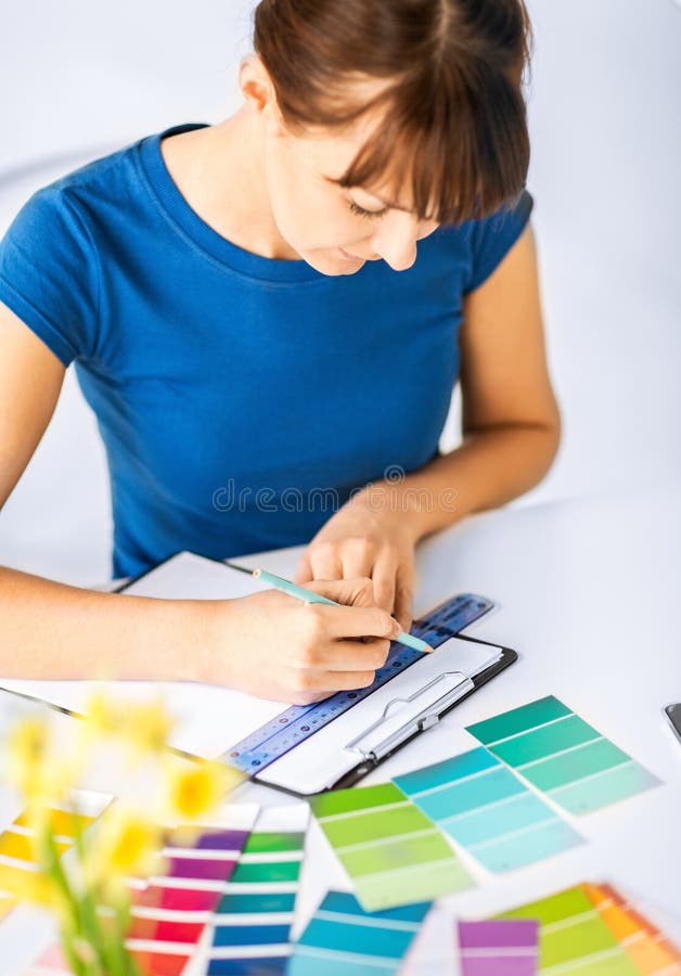 Woman Working with Color Samples for Selection Stock Image - Image of ...