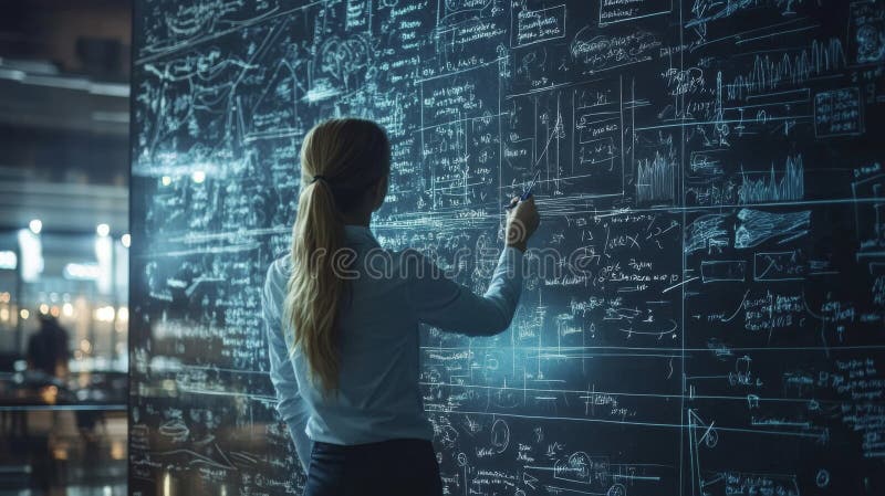 Woman Working on Complex Mathematical Equations on a Large Interactive ...