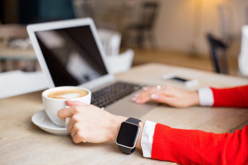 Woman Working with Computer in Cafe Stock Photo - Image of savvy ...