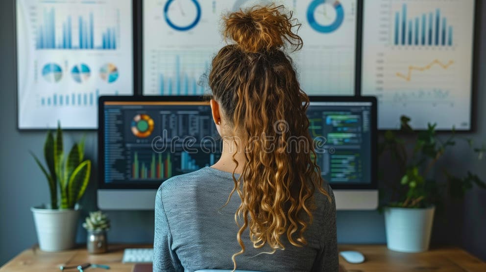 Woman Working on Computer with Charts in Office Stock Photo - Image of ...