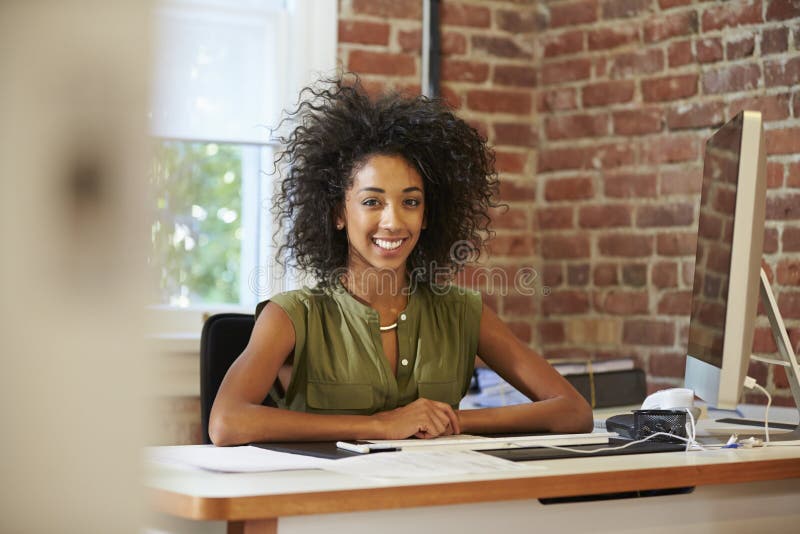 Woman Working at Computer in Contemporary Office Stock Photo - Image of ...
