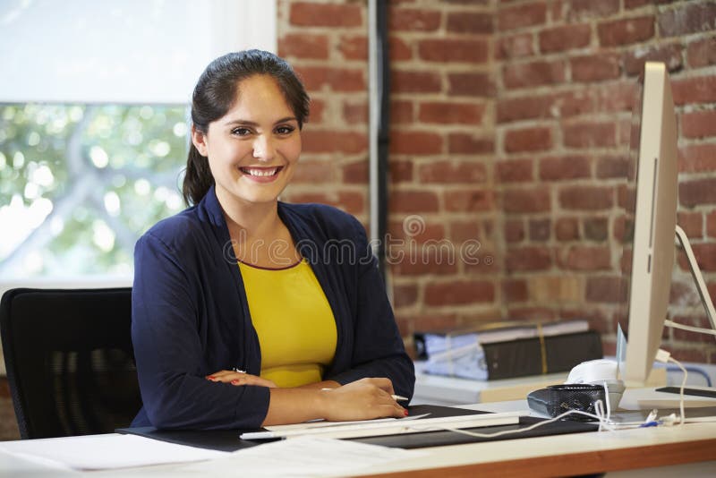 Woman Working at Computer in Contemporary Office Stock Photo - Image of ...