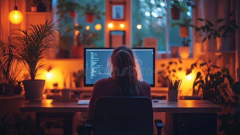 Woman Working on a Computer in a Cozy Home Office with Plants and ...