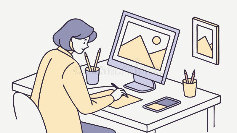 Woman Working on Computer, Creative Professional Workspace, Vector Design Generative AI Stock ...