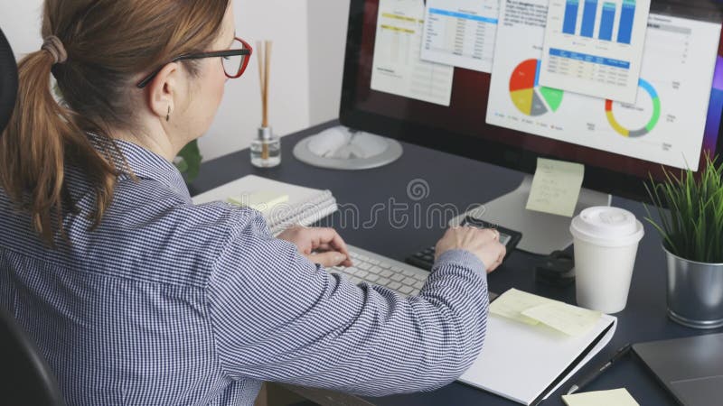 Woman Working on the Computer with Data on Charts, Graphs and Diagrams ...