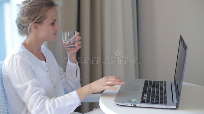 Woman Working on Computer and Drink Stock Video - Video of caucasian ...