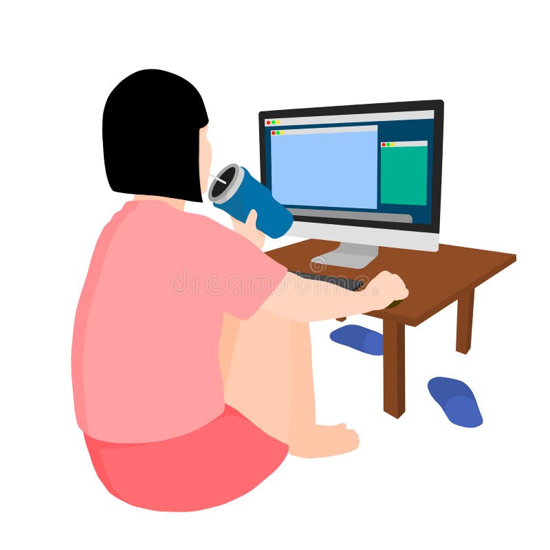 A Woman Working on a Computer and Drinking Water Stock Illustration ...