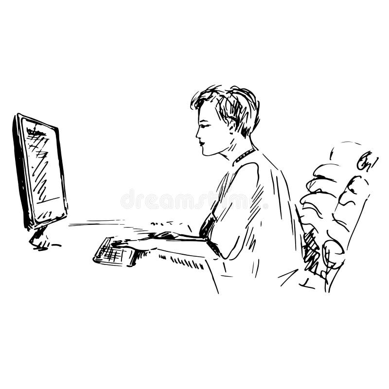 Woman Working on Computer, Hand Drawn Doodle, Sketch, Black and White ...
