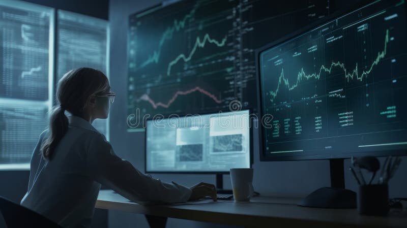 A Woman Working on a Computer at Her Desk. Generative Ai Stock Image ...