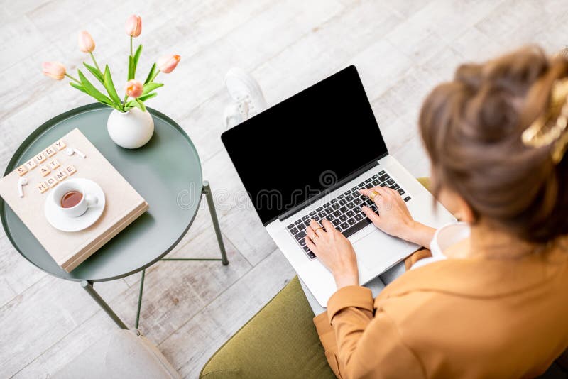 Woman Working on Computer at Home Stock Image - Image of computer, sofa ...