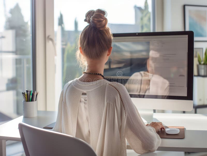 Woman Working on Computer at Home Office Stock Photo - Image of modern ...