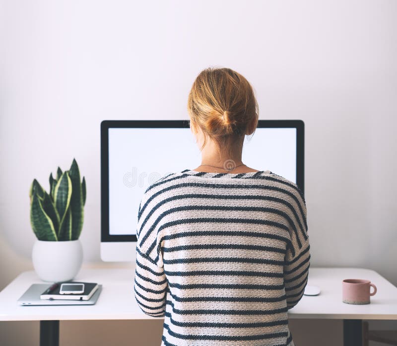 Woman Working on Computer at Home Office Stock Photo - Image of monitor ...