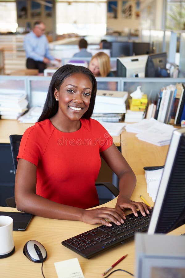 Woman Working at Computer in Modern Office Stock Photo - Image of plan ...