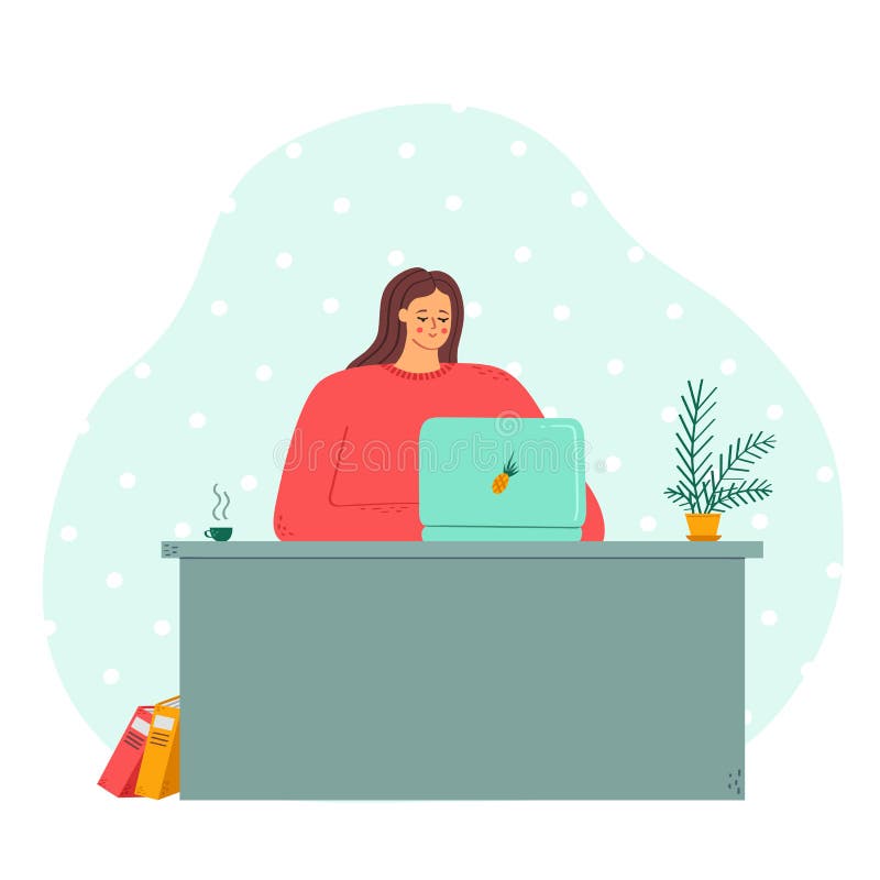 Woman Working at Computer in Office Naive Style Vector. Stock Vector ...