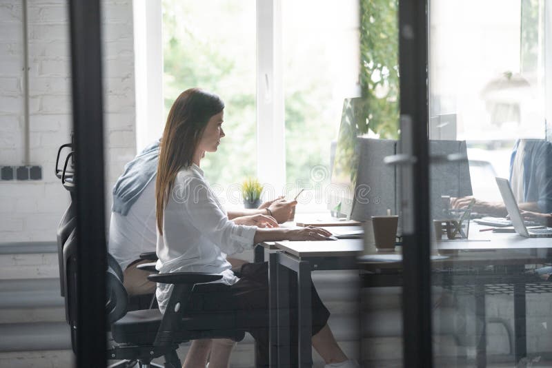 Woman Working at Computer in an Office. Stock Image - Image of table ...