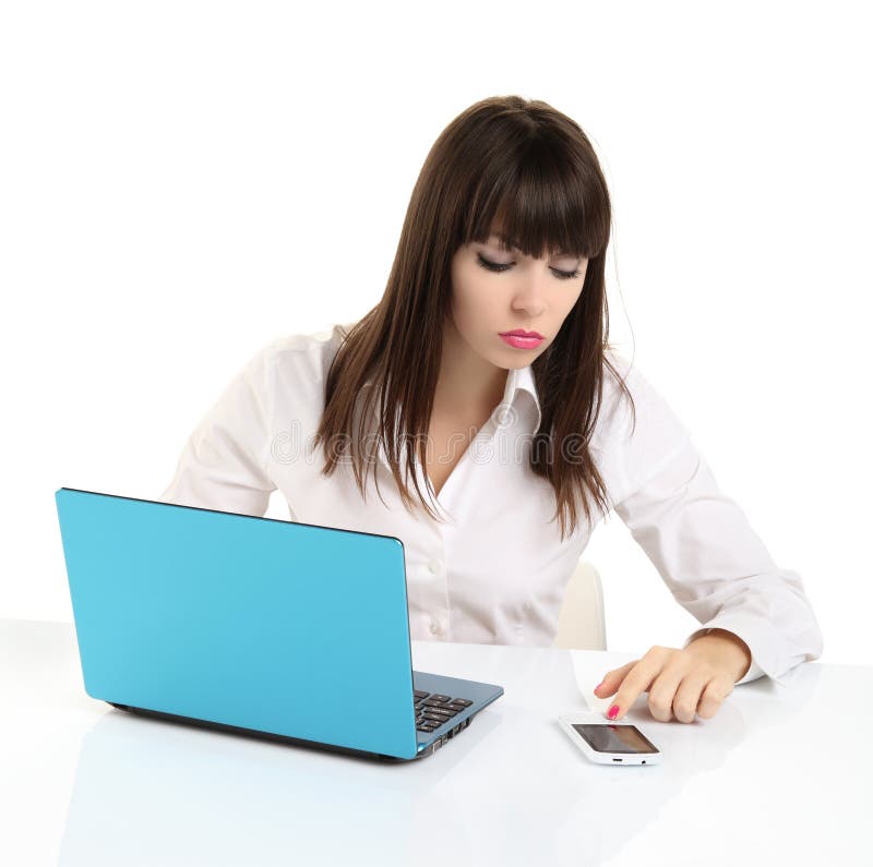 Woman Working on the Computer with the Phone Stock Photo - Image of ...