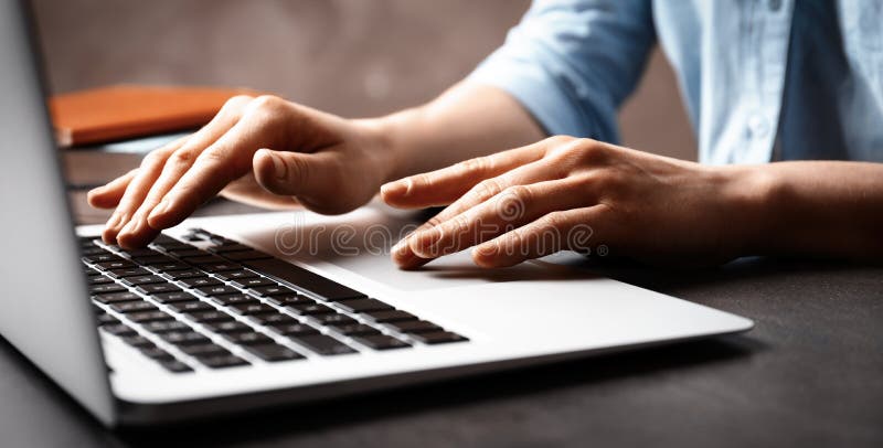 Woman Working on Computer at Table Indoors. Banner Design Stock Photo ...