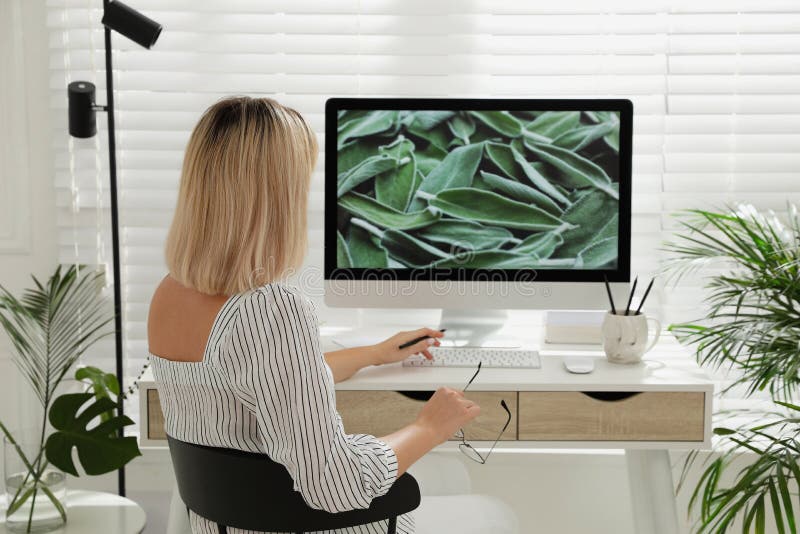 Woman Working on Computer at Table in Room, Back View. Interior Design ...