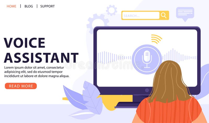 Woman Working on Computer and Using Voice Assistant. Stock Vector ...