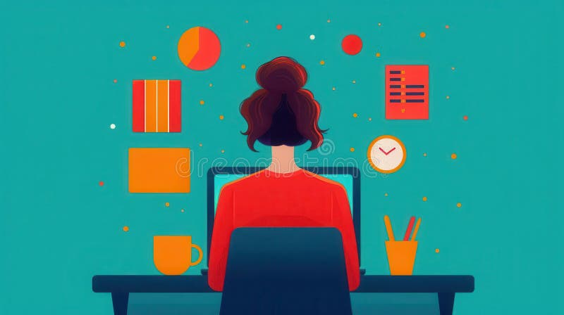 Woman Working at a Computer with Various Office Items Floating Around ...