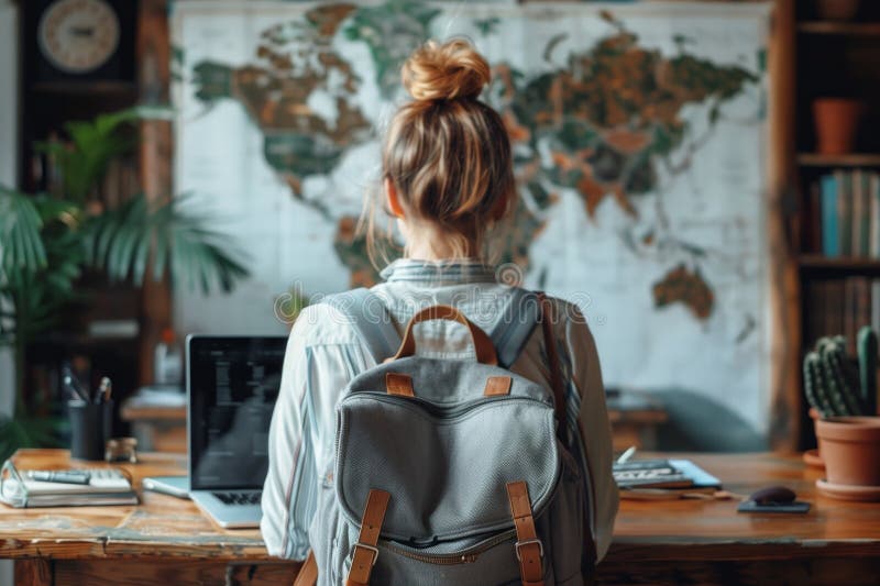 Woman Working at Desk with Laptop and Backpack in Front of World Map ...