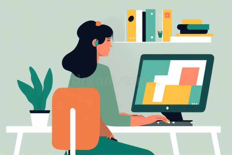 Woman Working on Desk with Laptop Productive Work. Flat Design Stock ...