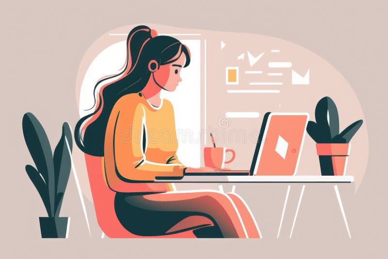 Woman Working on Desk with Laptop Productive Work. Flat Design Stock ...